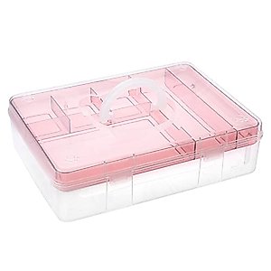BTSKY 2-Tier Cute Bear Storage Box with Removable Divided Tray Portable Clear Plastic Art Craft Supply Organizer Stackable Home Office Supplies Storage Container for Pens Notes A4 papers etc (Pink)