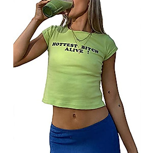 Meladyan Women Cute Letter Print Short Sleeve Crop Tee Shirt Top Crewneck Slim Fit T-Shrits 90s Egirls Streetwear Green
