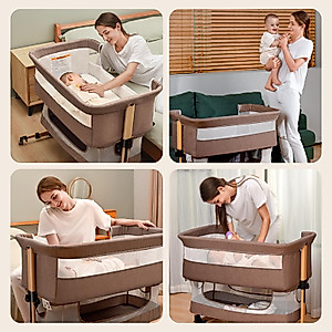Baby Crib,3 in 1 Baby Bassinet Bedside Crib Adjustable Portable Bed for Infant,Baby Newborn Must Have Bed,Khaki