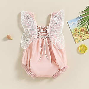 CREAIRY Baby Girl Butterfly Wings Short Sleeve Romper Dress Lace Tulle Tutu Dress Bodysuit Jumpsuit Birthday Summer Outfits (Pink, 9-12 Months)
