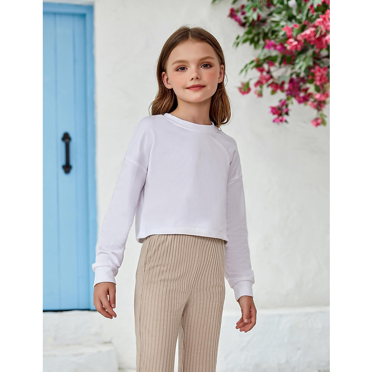 Arshiner Girls Crop Tops Kids Long Sleeve Pullover Sweatshirts Girls Cropped Crewneck Sweatshirt White Crop Top Long Sleeve Cute Clothes For 10-12