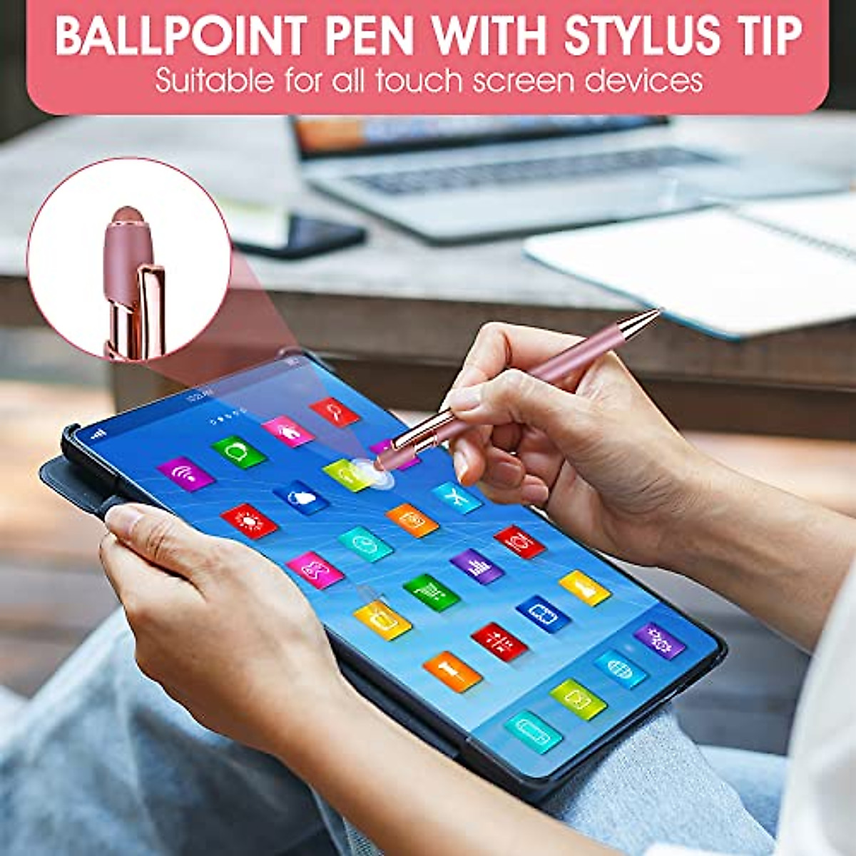 Cobee® Rose Gold Ballpoint Pens with Stylus Tip, 10 Pcs 1.0mm Retractable Ball Point Pens Black Ink Metal Pen Medium Point Writing Pen Stylus Pen for Touch Screens School Office Gift Supplies