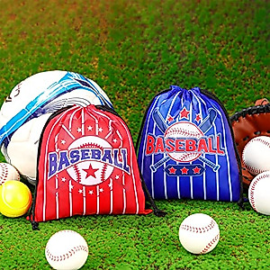 12 Packs Baseball Bag Baseball Drawstring Bag Baseball Party Favors Baseball Gift Bag Baseball Goodie Bags Gift Wrap Bags for Kids Sport Theme Birthday Decorations, 9.84 x 7.87 Inches, Blue and Red