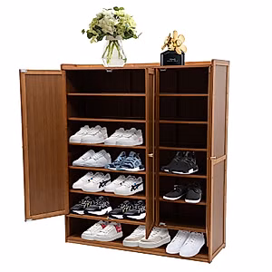 MARTEXBUY Shoe Cabinet with Doors for Entryway, 8-Tier Bamboo Storage Cabinet, Shoe Floor Storage Organizer Rack, Freestanding Shoes Organizer for Living Room Bedroom