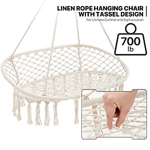 MoNiBloom Double Swing Chair with 3 Cushions for Outside, Large Hanging Macrame Swing Chair for Indoor/Outdoor Relax, Adult Hammock Boho Chair Max 700 lbs Capacity for Porch Balcony Backyard, Beige
