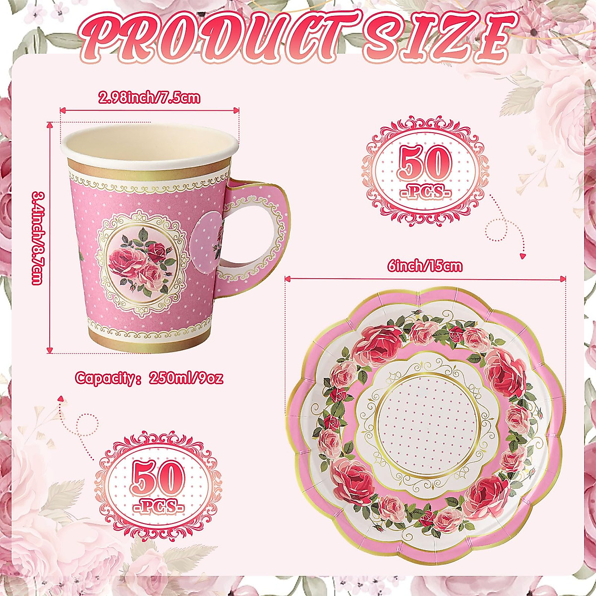 Tioncy 100 Pcs Tea Party Decorations Include 50 Pieces 9 oz Floral Paper Tea Cups with Handle and 50 Plates Disposable Blossom Teacups and Saucers Sets for Girls Birthday (Floral)