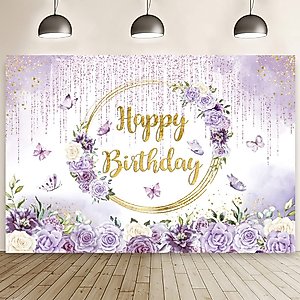 MEHOFOND 10x7ft Spring Purple Floral Happy Birthday Backdrop Girl Violet Dripping Glitter Bday Photography Background Princess Bday Party Banner Cake Smash Gold Spots Vinyl Decor Photo Studio Prop