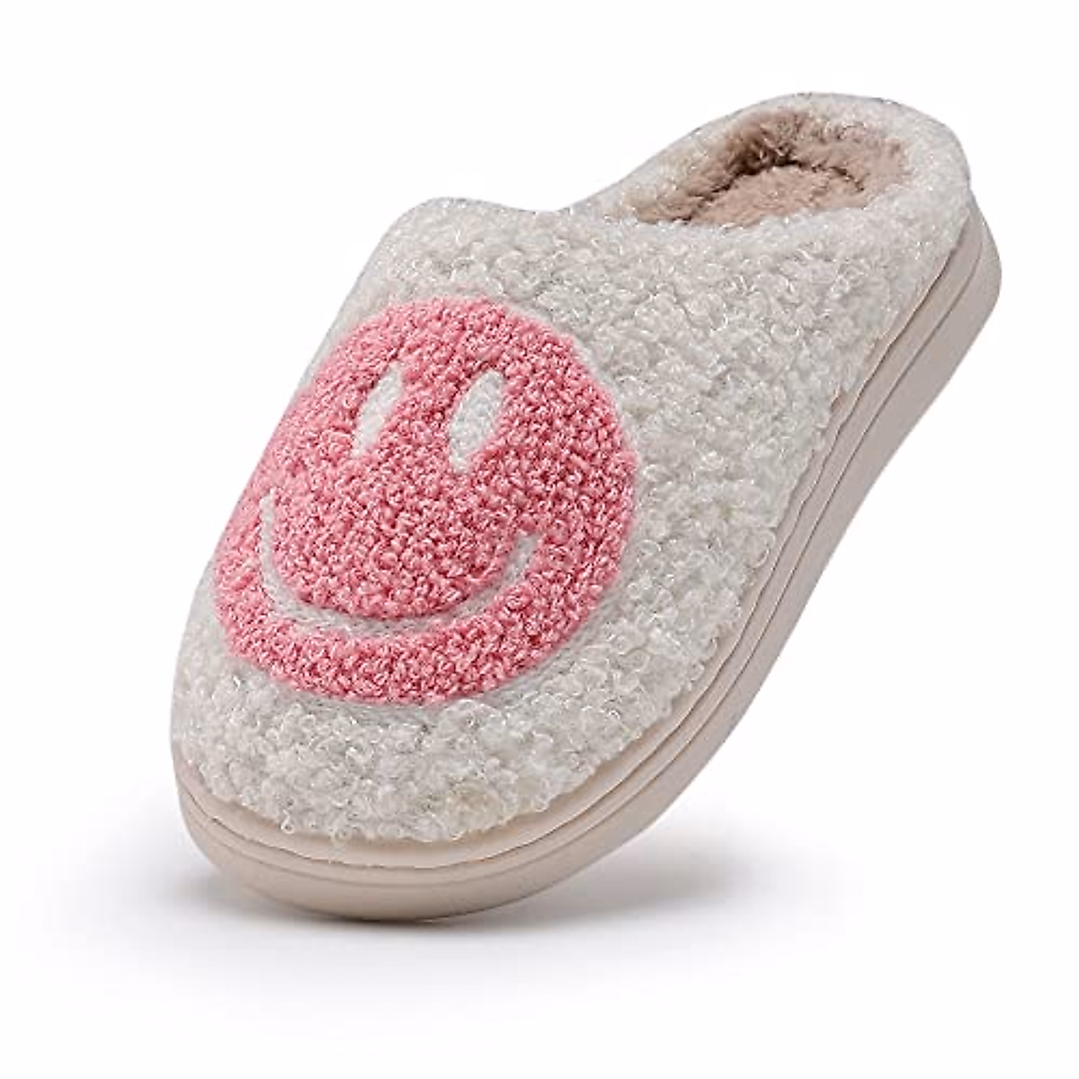 COVS Cute Kids Smile Face Slippers for Girls Boys Soft Plush Happy Face Slippers Non-Slip Toddler Warm House Slippers Little kids smile slippers Indoor Outdoor（Pink 20/21）
