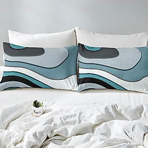 Abstract Sea Wave Bed Sheets Set Full Size, Royal Blue White and Grey Swirls Fitted Sheet, Modern Turquoise Decor Sheets, Geometric Striped Bedding Set Chic All Season Bedroom Decor, 3Pcs