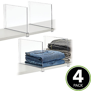 mDesign Plastic Closet Shelf Dividers; Tall Organizer Separators with Clip for Shelves in Bedroom and Closets for Jean, Sweater, Shirt, Purse, and Clothes Storage - Lumiere Collection, 4 Pack, Clear