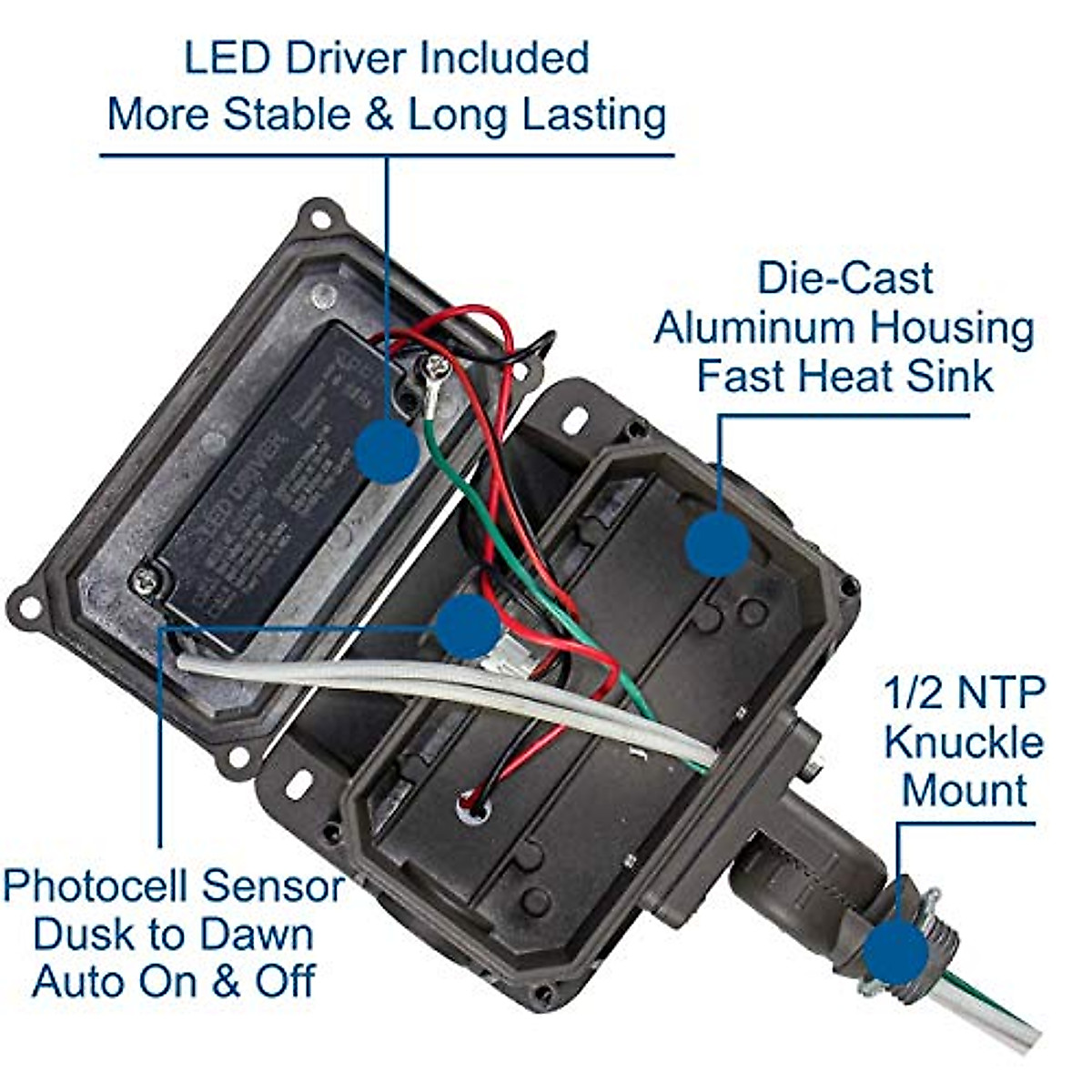 DAKASON 30W LED Flood Light Outdoor, Dusk-to-Dawn Photocell 180° Adjustable Knuckle, 3900LM 5000K Replaces 100W HPS/MH, IP65 Waterproof Outdoor Security Lighting Fixture, 100-277Vac, ETL Listed
