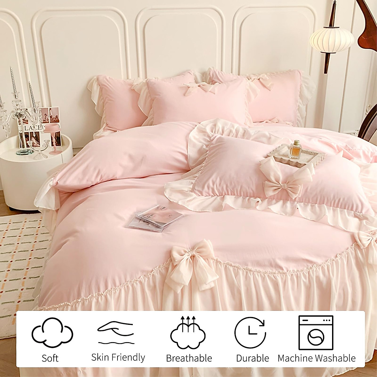 Rvciby Girls Pink Bow Duvet Cover Full Size,3PCS Soft Microfiber Bedding Set,Romantic French Bedding with Chiffon Lace and Cute Bows,Corner Ties&Zipper Closure (79"x90"-1 Duvet Cover,2 Pillow Cases)
