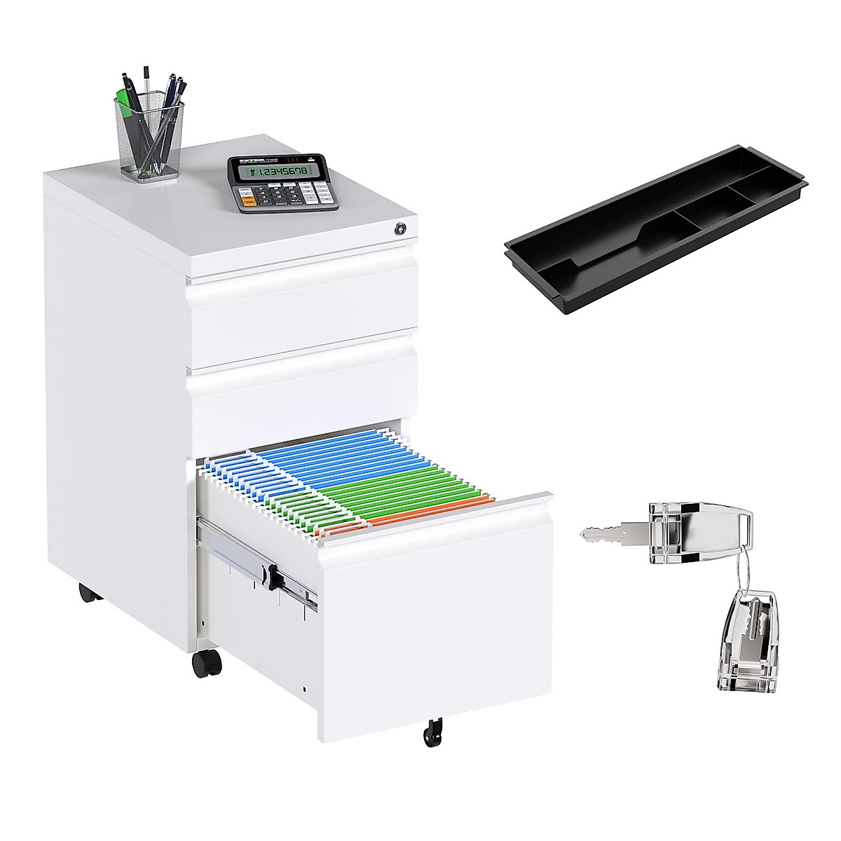 Aobabo Metal 3 Drawer Mobile File Cabinet with Lock, Under Desk Metal Filing Cabinet, 23.6''H A4/Legal/Letter Size Storage Cabinet, Fully Assembled