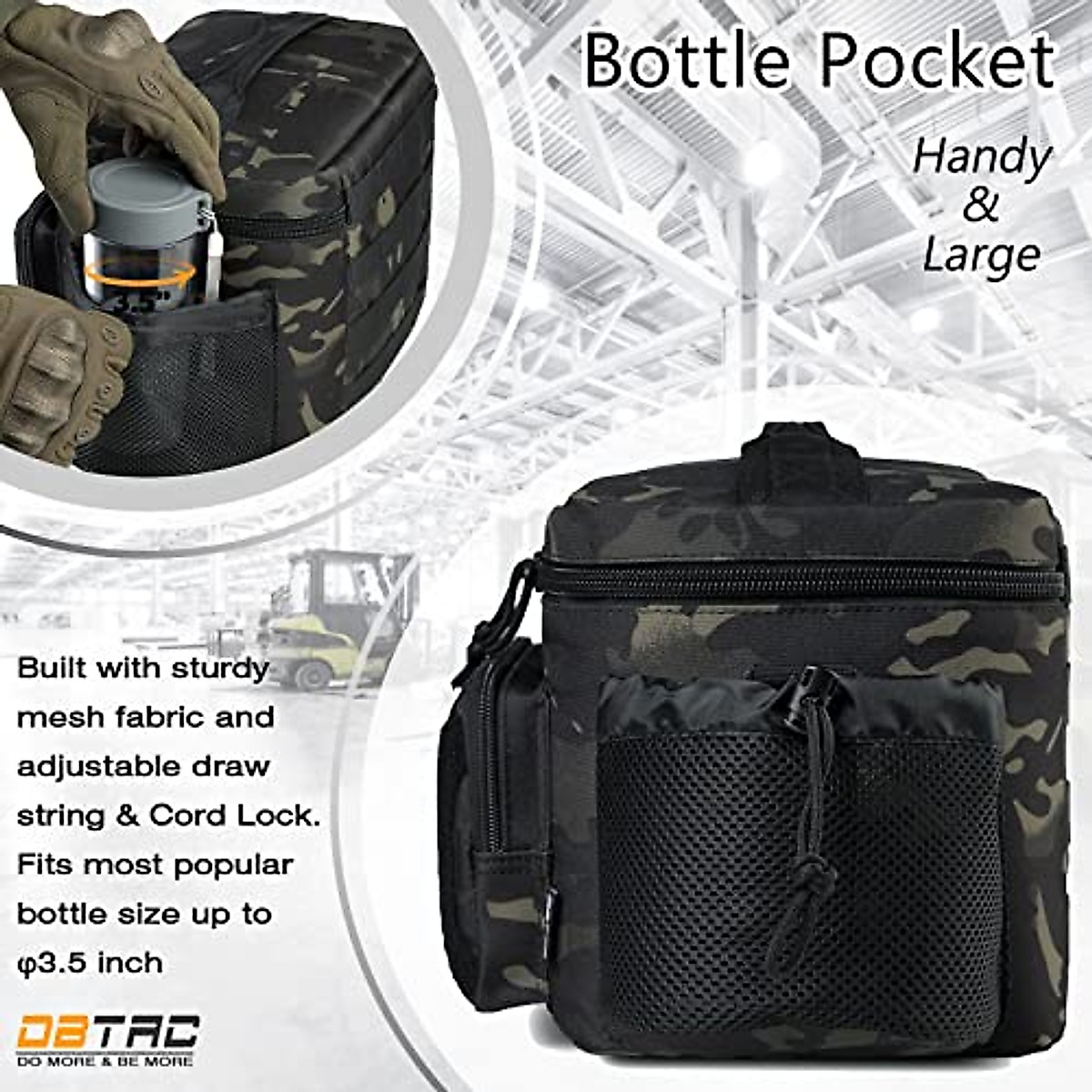 DBTAC Tactical Lunch Box, Large Insulated Lunch Bag Fits 12-Cans w/Water Bottle Pocket | Leakproof Lunch Cooler Tote for EDC Work Travel | Soft & Collapsible Easy-Clean Liner x2, Black Camo