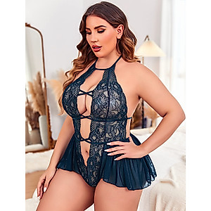 Avidlove Womens Plus Size Lingerie Lace Bodysuit Teddy Deep V One Piece Lace Babydoll Navy Blue