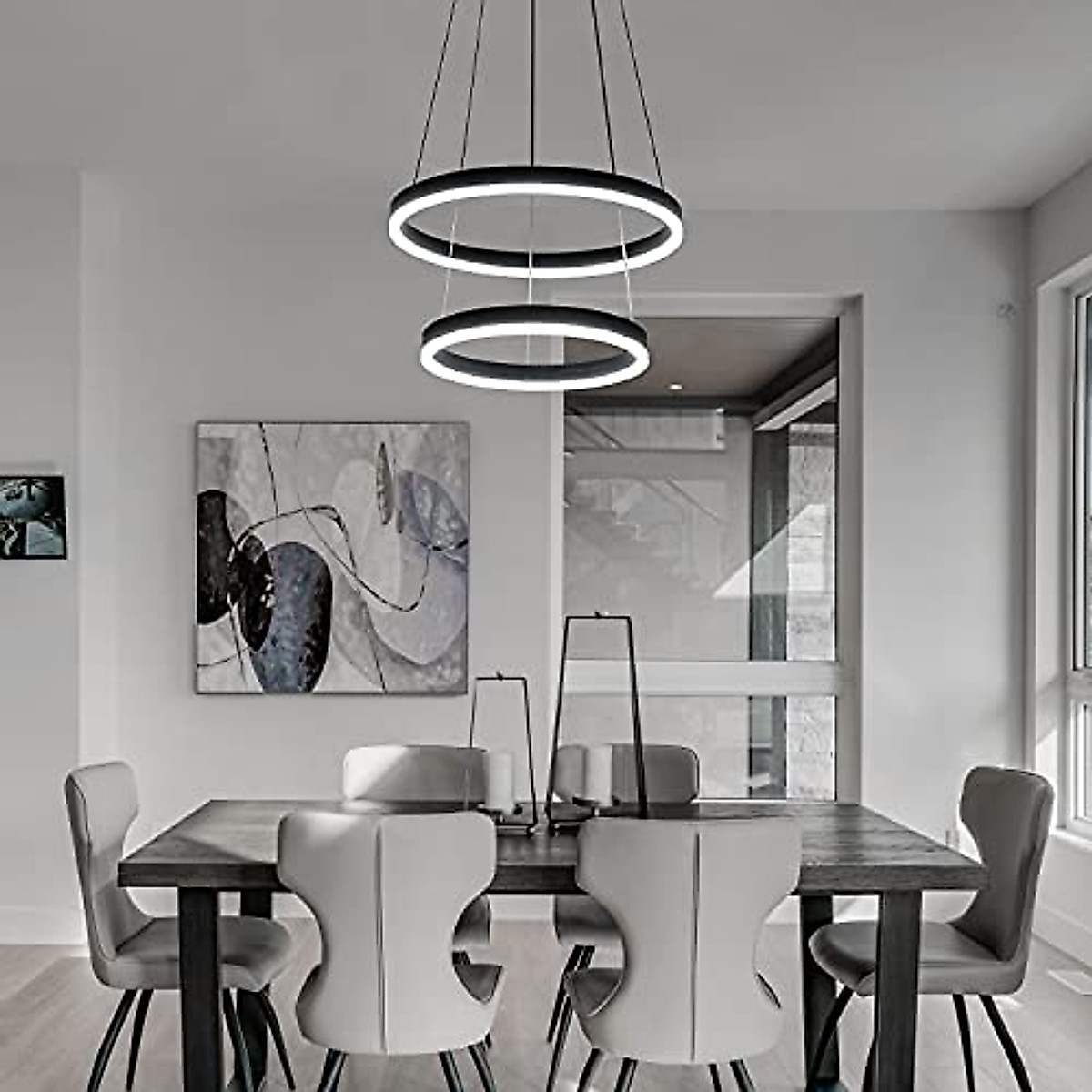 Viruhaka Dimmable LED Pendant Light Dining Room 50W LED Modern Chandelier Black Living Room 2 Ring Pendant Lighting Entryway with 59in Cord Adjustable,6000K Daylight