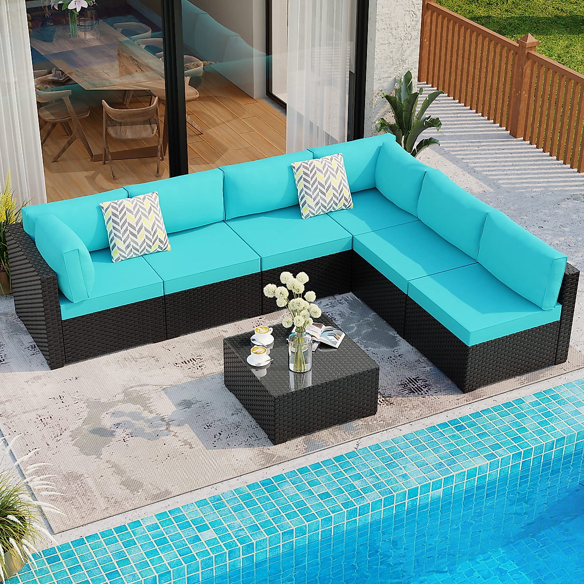 Shintenchi 7 Pieces Outdoor Patio Sectional Sofa Couch, Black PE Wicker Furniture Conversation Sets with Washable Cushions & Glass Coffee Table for Garden, Poolside, Backyard (Blue)
