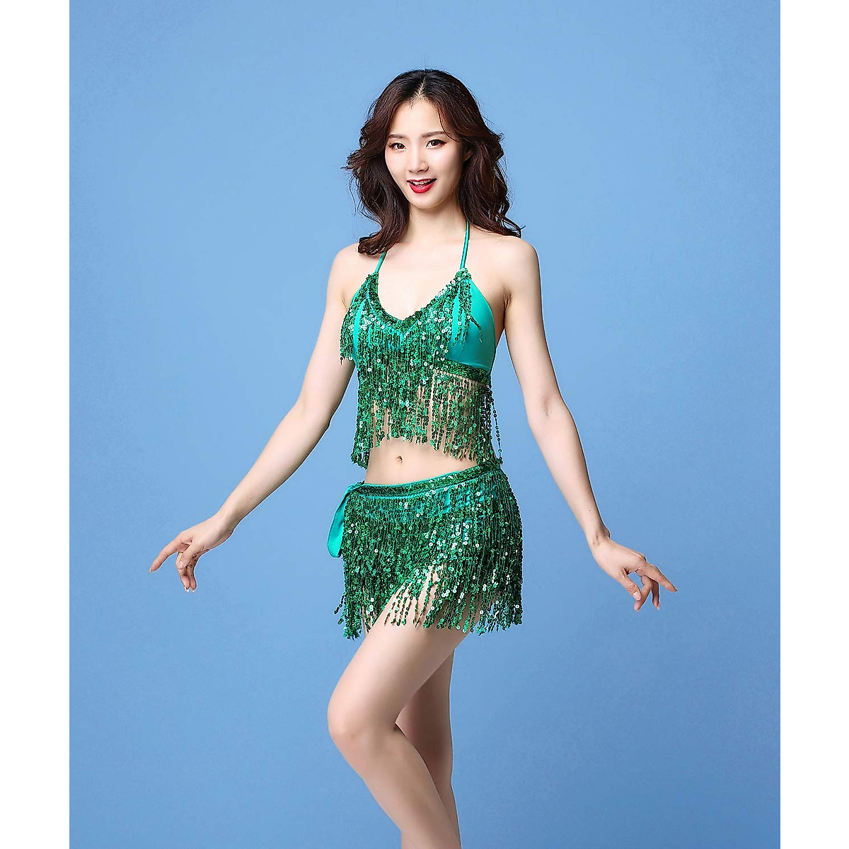 ORIDOOR Women's Latin Belly Dance Costume Padded Bra Top & Hip Scarf with Sequin Fringe Halloween Dance Outfit Green,One Size