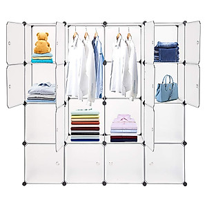 VINGLI Cube Storage Organizer, 16-Cube Plastic Closet Cabinet, DIY Plastic Modular Book Shelf Unit, Cube Shelves with Doors and 2 Hanging Rods - Translucent White