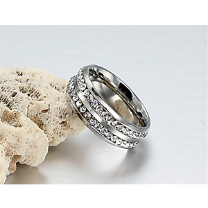 OAKKY Stainless Steel Double Rows Cubic Zirconia Wedding Ring for Men Women, Silver, Size 8