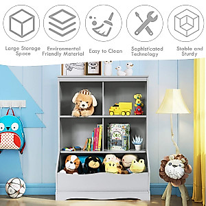 Giantex Storage Cabinet, Cubby Toy Organizer, 3 Shelf 4 Cube Units, Storage Bins Cubbies for Kids' Collections, Kids Bookshelf and Bookcase for Children Playroom Hallway Kindergarten School, Gray