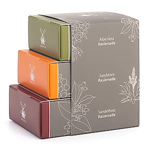 MÜHLE SHAVE CARE Shaving Soap Trio - Aloe Vera, Sea Buckthorn, & Sandalwood Luxury Shaving Soaps for Men, Rich Lather, Lightly Scented, 75g