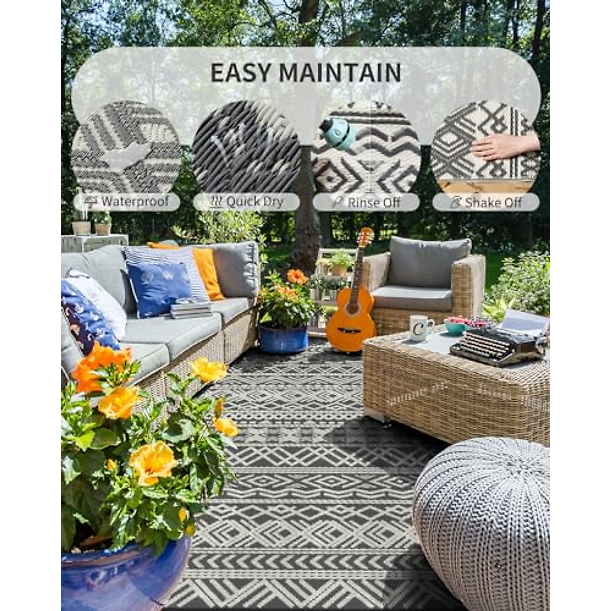 MontVoo-Outdoor Rug Carpet Waterproof 9x12 ft Reversible Patio Rug RV Camping Rug-Plastic Straw Rug Outside Indoor Outdoor Area Rug for Patio Deck Balcony Picnic Beach Outdoor Decor Boho Grey