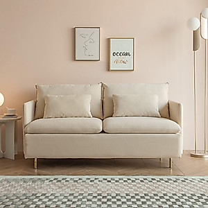 kevinplus 64'' Loveseat Sofa Couch with Arm for Living Room Bedroom Small Space, Modern Mid Century Upholstered Love Seat Sofa Cloud Couch for Apartment, Gold Metal Leg & Cotton Linen Fabric, Beige