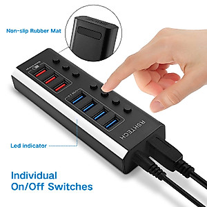 Powered USB Hub RSHTECH 7 Ports USB 3.0 Hub with 4 High Speed Data Transfer Ports + 3 Fast Charging Ports,36W 12V/3A Power Adapter and Individual On/Off Switches(A37-Black)