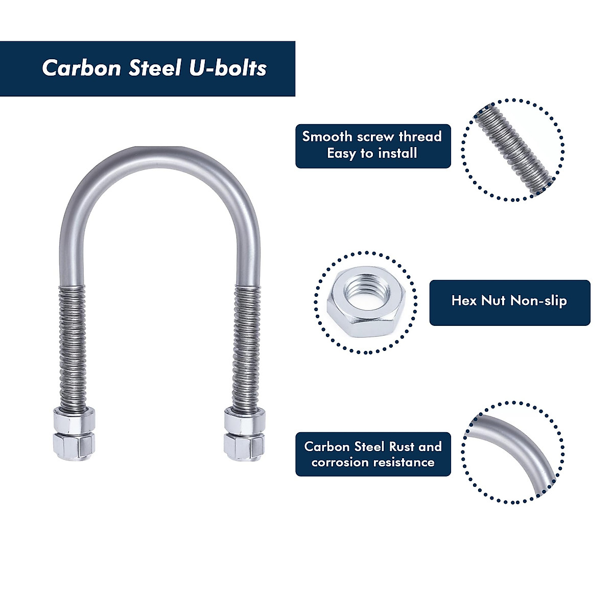 U-Turn - 2 inch Pipe Size U-Bolt with Nuts, 304 Stainless Steel (2-7/16 inch ID) (2 Pieces)