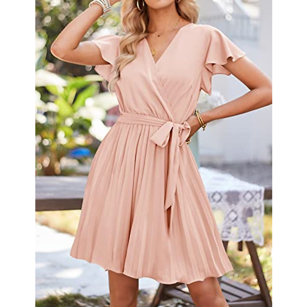 ZESICA Women's Wrap V Neck Mini Dress 2023 Summer Flutter Sleeve Tie Waist Pleated A Line Swing Wedding Party Short Dresses,LightPink,Large
