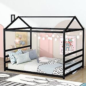 Bellemave Queen Size Metal Floor Bed for Kids,Montessori Floor Bed with Roof,House Bed for Boys Girls,Metal House Shape Platform Bed,Black