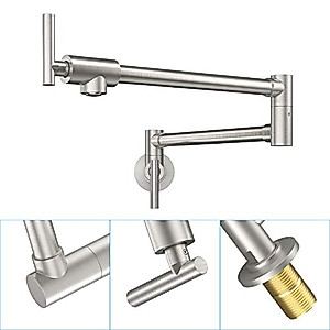 LEPO Pot Filler Faucet, Wall Mount Solid Brass Brushed Nickel Double Joint Swing Arm Folding Kitchen Faucets with Single Hole, 2 Handles