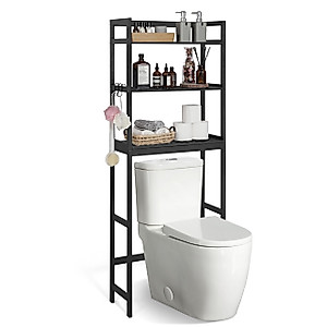 Fencer Wire Bamboo Over The Toilet Storage, Behind Toilet Bathroom Shelf Rack with Hooks & Adjustable Feet, 24 Inch Freestanding Toilet Shelf, Bathroom & Laundry Organizer, Balcony Plant Stand, Black