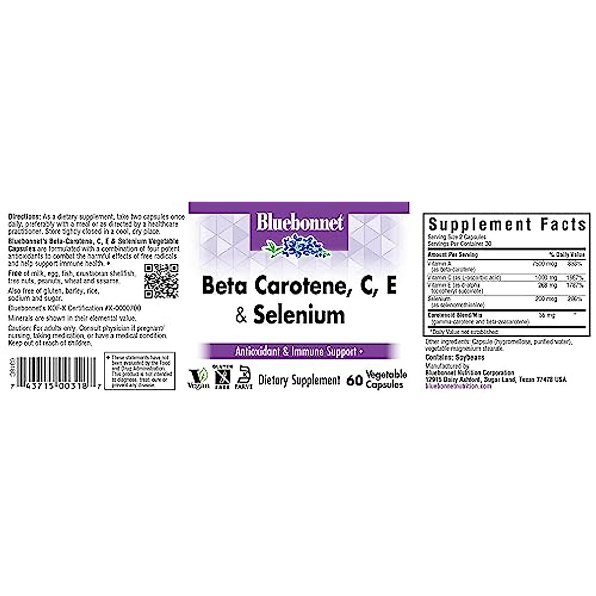 BlueBonnet Beta Carotene C and E Plus Selenium Vegetarian Capsules, 60 Count
