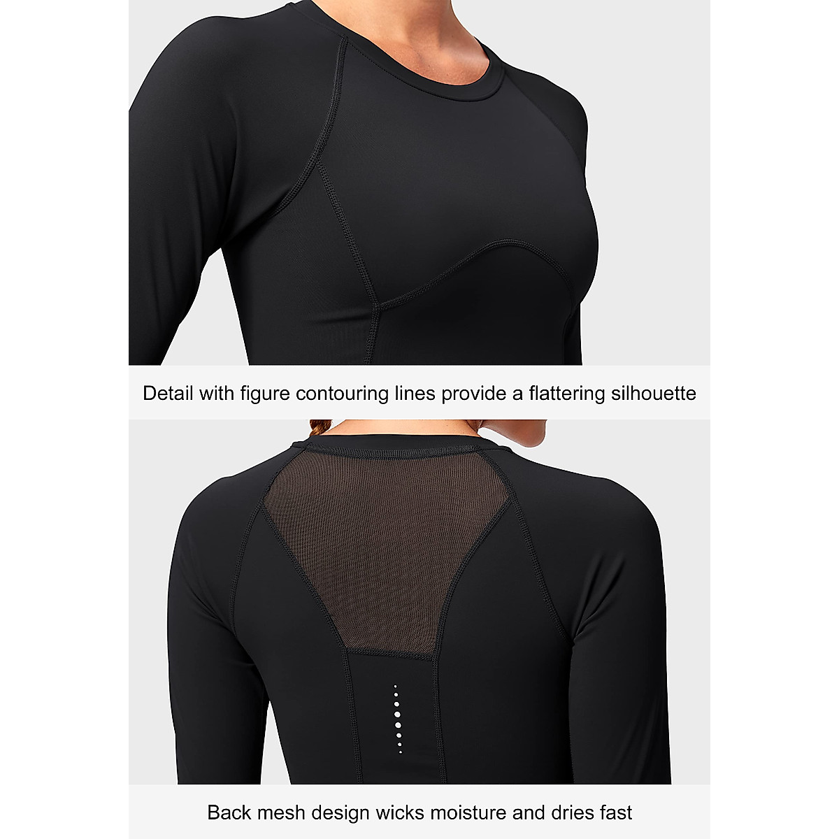 SANTINY Women's Long Sleeve Crop Workout Tops Slim Fit Gym Yoga Running Shirts for Women(Black_L)