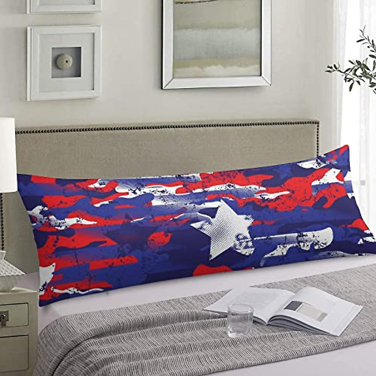 LynaRei Body Pillow Cover Red White Blue Camo Long Pillow Case Protector with Zipper Independence Day Rectangle Soft Large Throw Pillow Covers for Home Bedding Couch Sofa 20"x54"