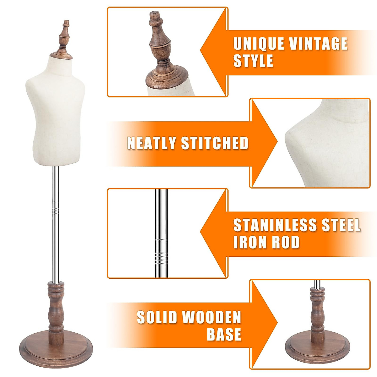 Child Mannequin for Clothes Display, Adjustable Kids Toddler for Apparel Scarf Window Shop Display, 2-3 Years Old, Brown