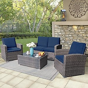 JOIVI Patio Furniture Set, 4 Piece Outdoor Patio Conversation Set, All-Weather PE Rattan Wicker Sectional Patio Sofa Set with Tempered Glass Coffee Table for Family Gatherings, Navy Blue