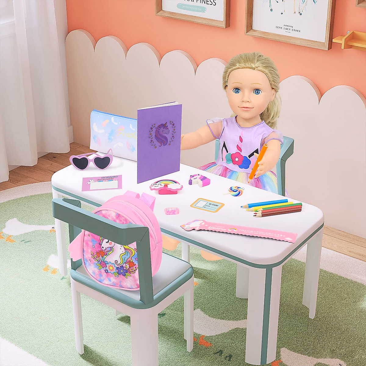 ECORELF 18 Inch Girl Doll Accessories and Clothes ,13Pcs School Supplies Set Included Doll Clothes Unicorn Print School Backpack, Pencil, Stationery, Random Sticker and Notebook,etc