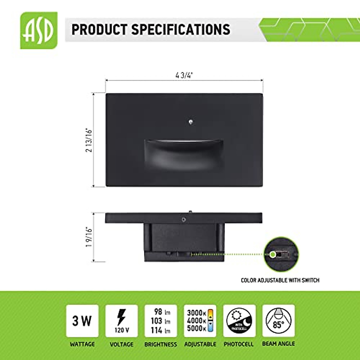 ASD LED Step Light Fixture | Recessed Stair Wall Lighting | 3W 120V 115LM 3000K/4000K/5000K Switch 50000+ Hour Lifespan | Dusk to Dawn Photocell, Outdoor Use, Waterproof, ETL | Black