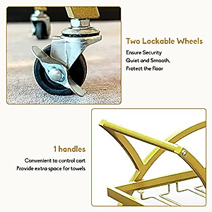 SMARTISBEAUTY Gold Bar Cart, 2-Tier Rolling Mobile Home Bar and Serving Beverage Carts with Glass Holdler, Modern Metal Wine Cart with Lockable Wheels 28" W x 14" D x 31”H