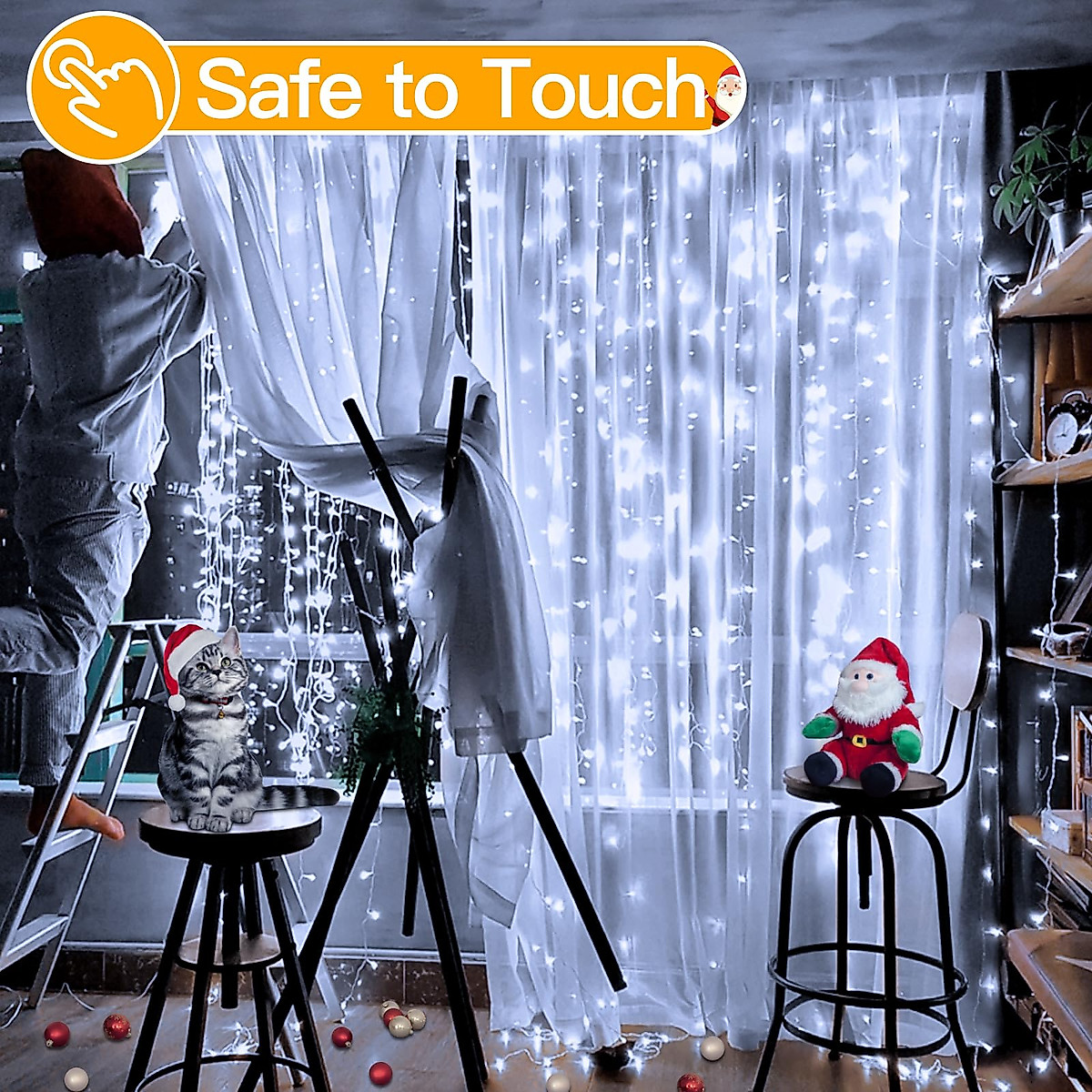 Ollny 300 LED 9.8ftx9.8ft Outdoor Waterproof Christmas Curtain Lights with Remote Timer 8 Modes, USB Powered, Cool White