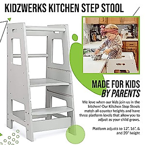 KidzWerks Child Standing Tower Kids Kitchen Step Stool Toddler Wood Stepping Stool, Children's Counter Height Learning Stools, Adjustable Platform, Gray