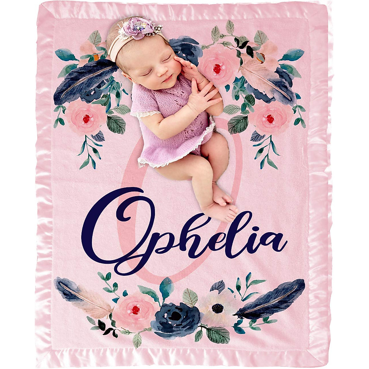 Personalize It Baby Blanket for Girls 30x40 in (Pink) Customized with Name Personalized Monogram for Newborns and Infant in Floral Girl Navy Indigo Blue and Pink with Satin Trim