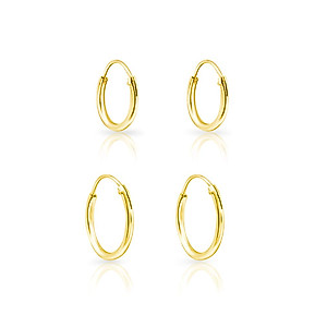 DTPsilver Set of 2 PAIRS of VERY TINY Endless Hoops/Sleepers 925 Sterling Silver 24K Yellow Gold Plated Earrings - Thickness 1.5 mm - Outer Diameter: 10+12 mm
