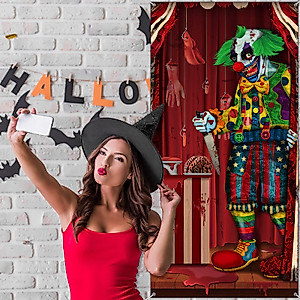 Halloween Decorations Large Evil Clown Door Cover Fabric Halloween Door Banner Backdrop Background Clown Theme Front Door Cover for Halloween Party Haunted House Photo Props Supplies, 70.9 x 35.4 Inch