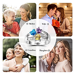 Mothers Ring with 3 Heart Simulated Birthstones Engraved 3 Names Personalized Promise Rings for Her Mom Jewelry (8.5)