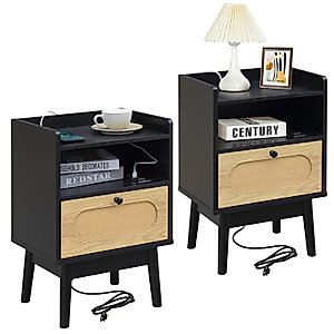 Lomojo Rattan Nightstand Set of 2, Bedside Table with Charging Station, Modern Night Stand,Wood Boho Side Table,Mid Century Small End Table with Drawer for Bedroom (black2)