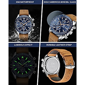 BY BENYAR Mens Analog Quartz Chronograph Waterproof Luminous Leather Watch Business, Work, Sport, Casual, Fashion - Elegant Gift for Men